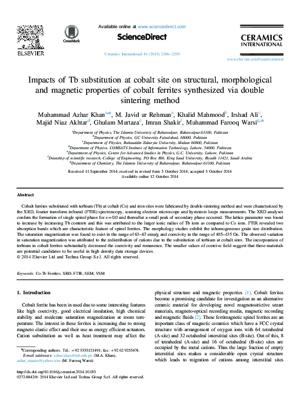 (PDF) Impacts of Tb substitution at cobalt site on structural, morphological and magnetic ...