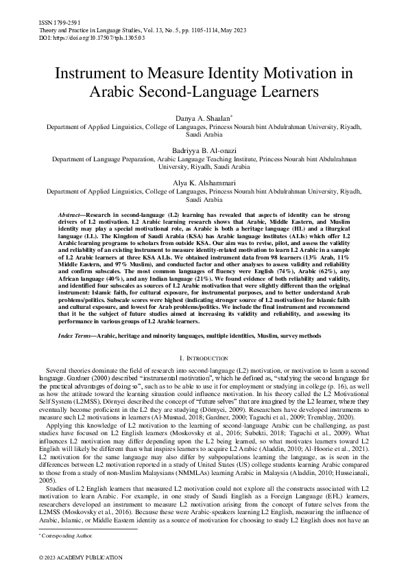 (PDF) Instrument to Measure Identity Motivation in Arabic Second ...