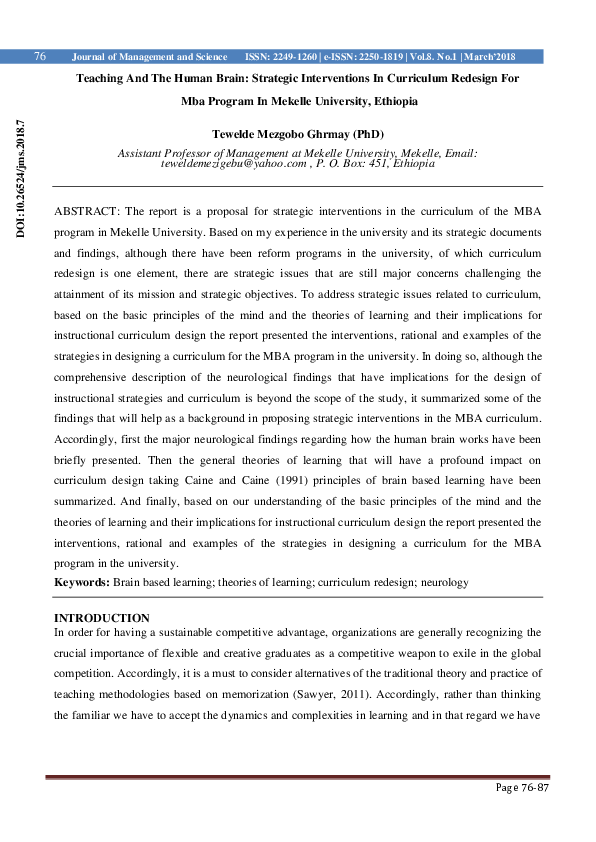 (PDF) Teaching and the human brain: strategic interventions in ...