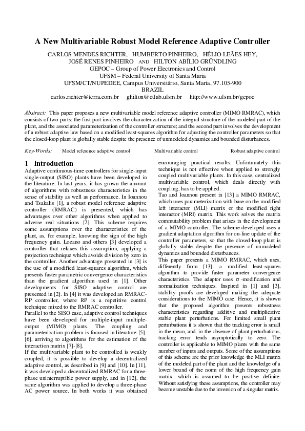 Pdf A New Multivariable Robust Model Reference Adaptive Controller José Renes Pinheiro