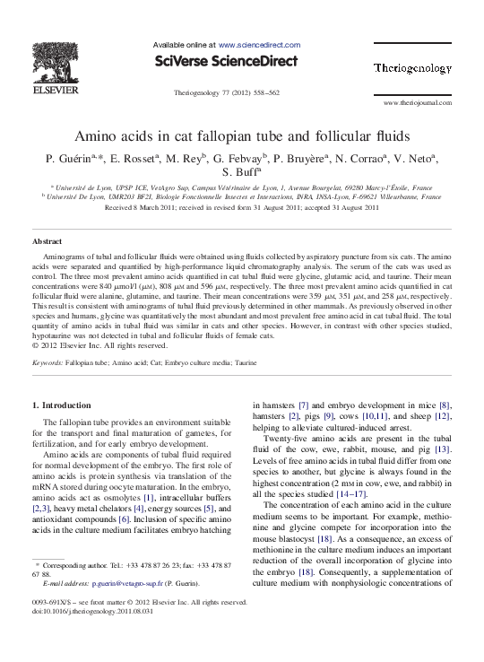 (PDF) Amino acids in cat fallopian tube and follicular fluids | Vanessa ...