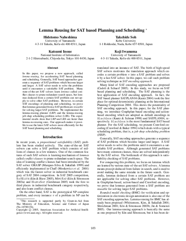 (PDF) Lemma reusing for SAT based planning and scheduling