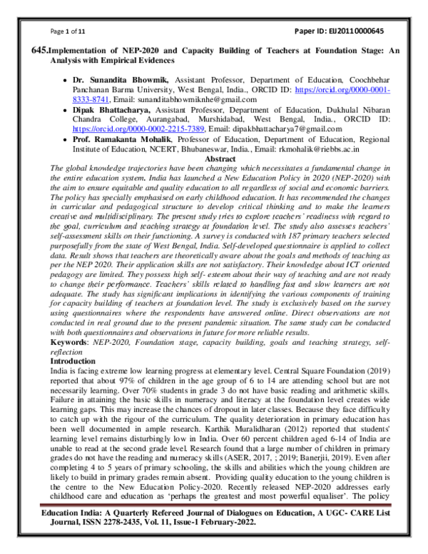 (PDF) 645.Implementation of NEP-2020 and Capacity Building of Teachers ...