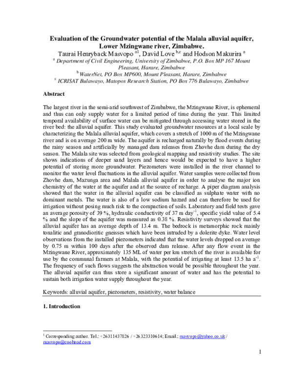 (PDF) Evaluation of the Groundwater potential of the Malala alluvial ...