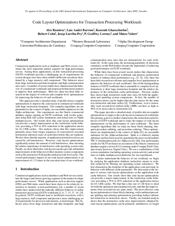 (PDF) Code layout optimizations for transaction processing workloads