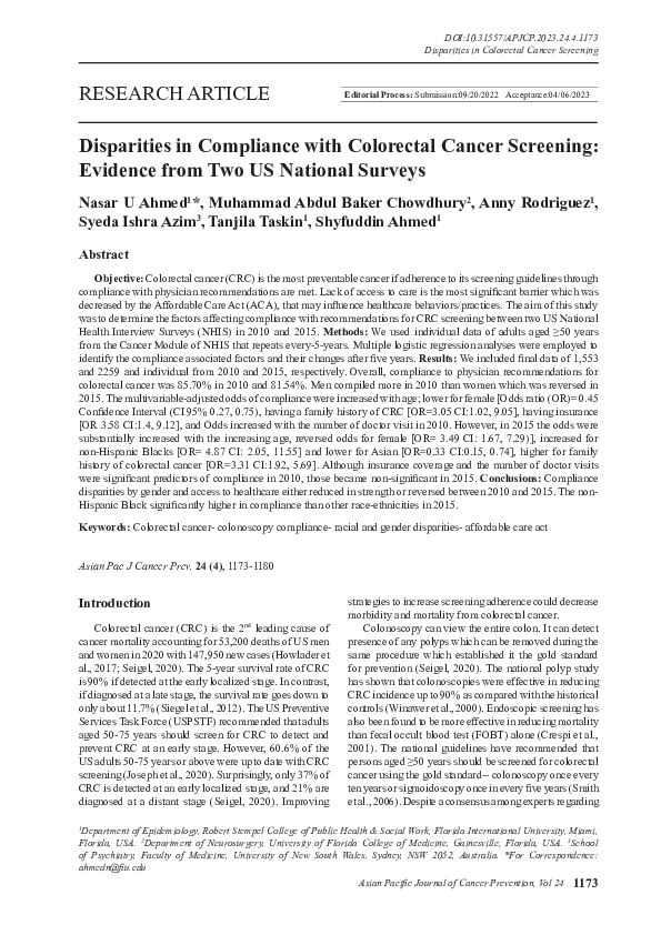 (PDF) Disparities in Compliance with Colorectal Cancer Screening ...