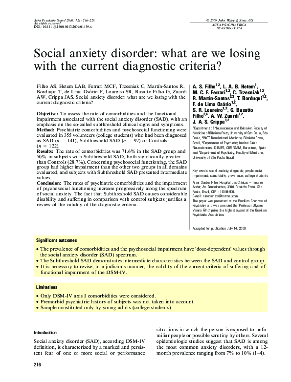 (PDF) Social anxiety disorder: what are we losing with the current diagnostic criteria?