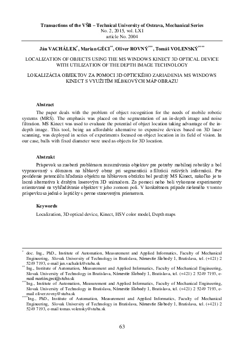 Pdf Localization Of Objects Using The Ms Windows Kinect 3d Optical Device With Utilization Of