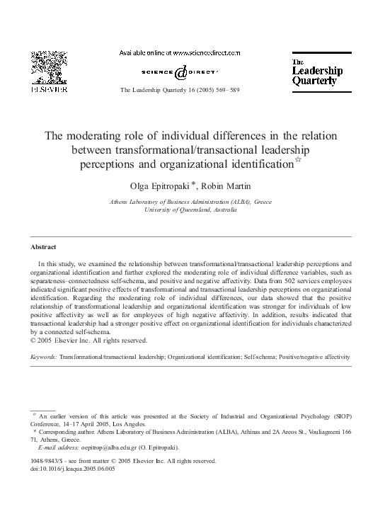 (PDF) The moderating role of individual differences in the relation between transformational ...