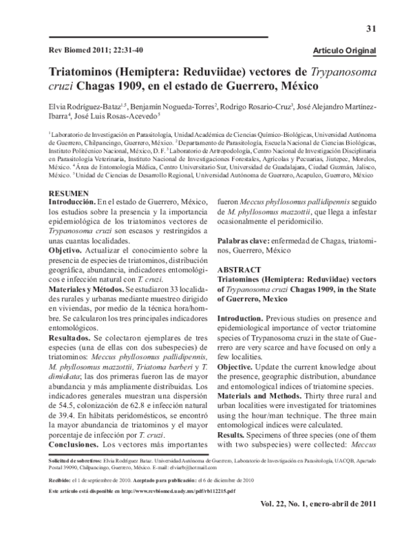 (PDF) Triatominos (Hemiptera: Reduviidae) vectores de Trypanosoma cruzi ...