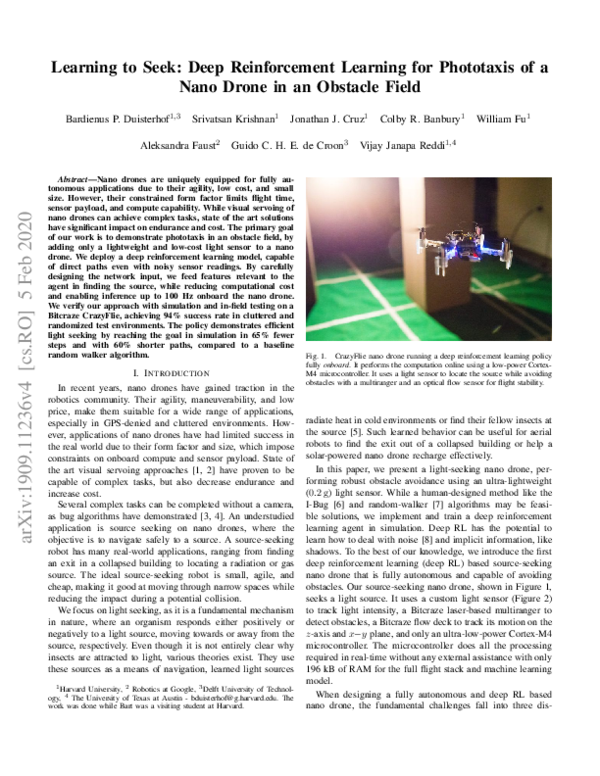 Pdf Learning To Seek Deep Reinforcement Learning For Phototaxis Of A Nano Drone In An