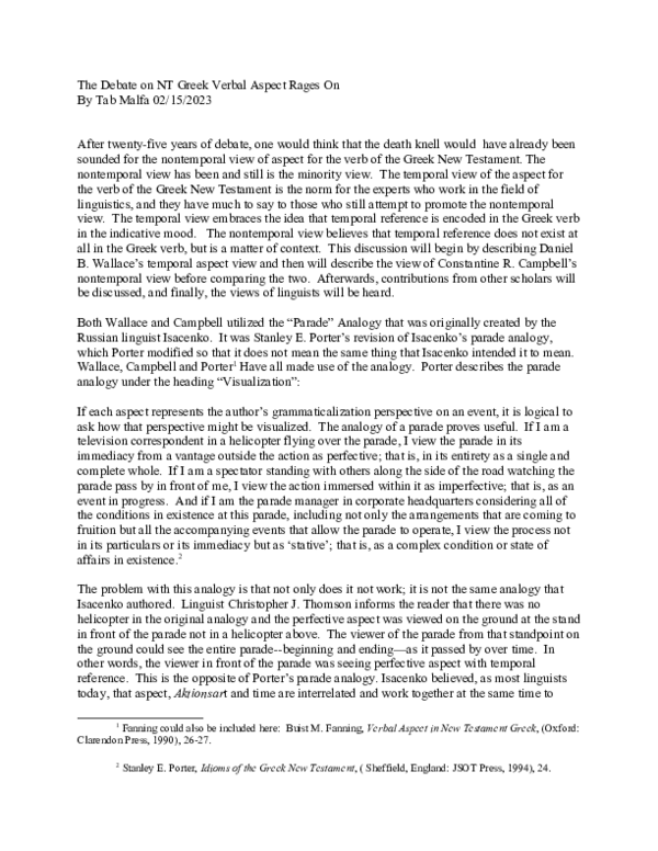 (DOC) The Debate on NT Greek Verbal Aspect Rages On By Tab Malfa 02/15/2023