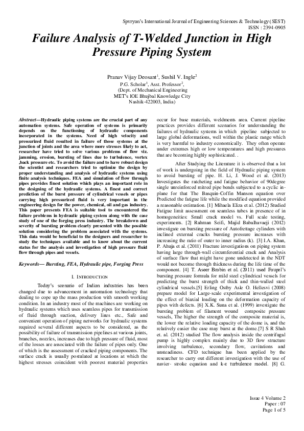 (PDF) Failure Analysis of T-Welded Junction in High Pressure Piping System