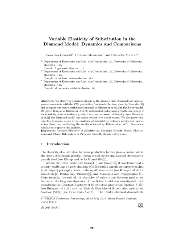 (PDF) Variable Elasticity of Substitution in the Diamond Model: Dynamics and Comparisons