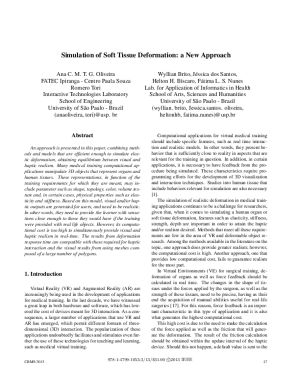 (PDF) Simulation of soft tissue deformation: A new approach
