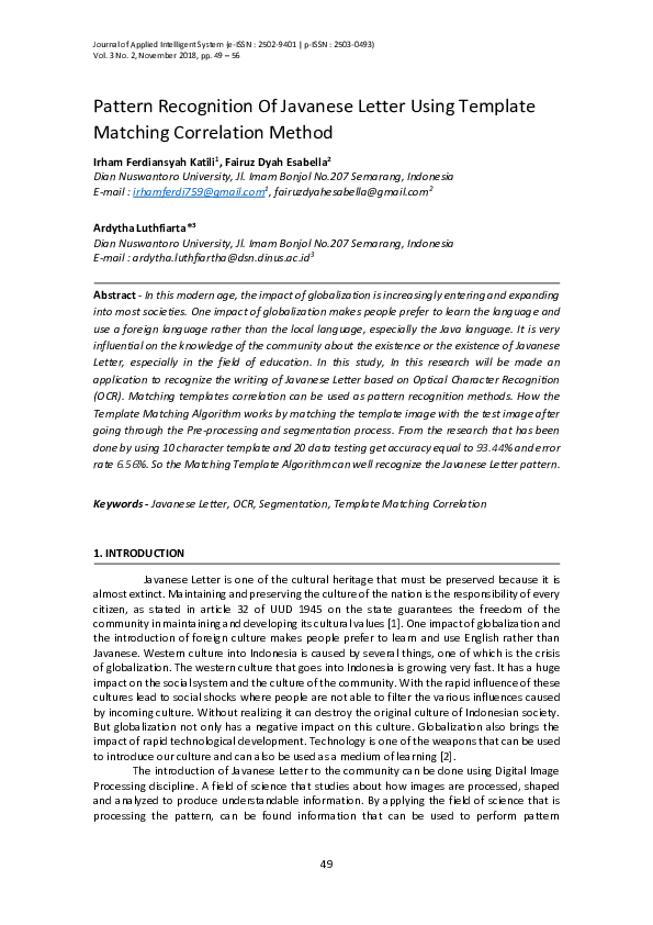 Pdf Pattern Recognition Of Javanese Letter Using Template Matching Correlation Method