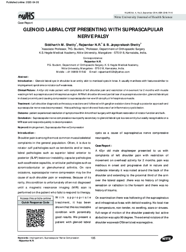 (PDF) Glenoid Labral Cyst Presenting with Suprascapular Nerve Palsy
