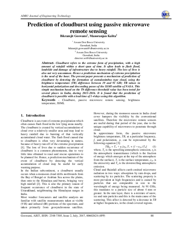 (PDF) Prediction of cloudburst using passive microwave remote sensing