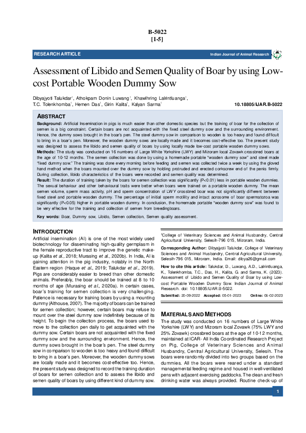 (PDF) Assessment of Libido and Semen Quality of Boar by using Low-cost ...