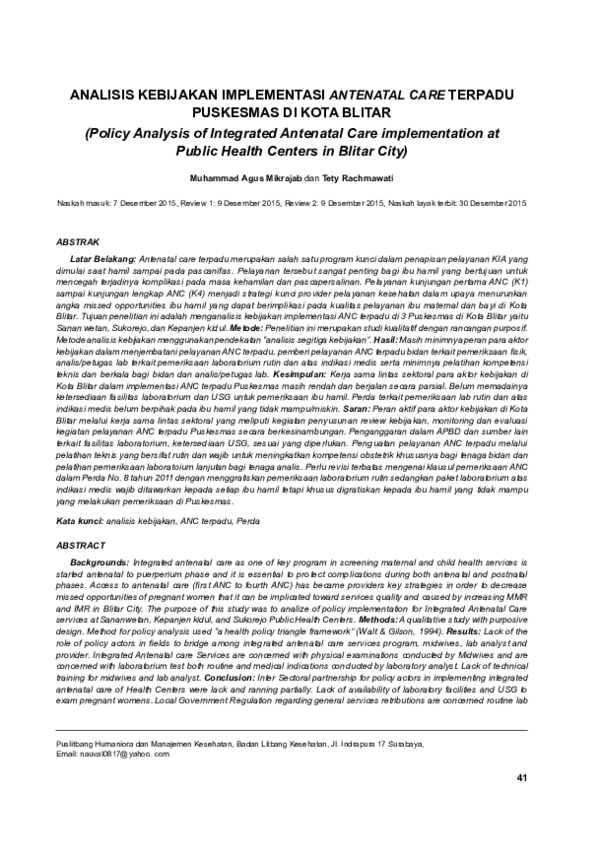 (PDF) Analisis kebijakan implementasi antenatal care terpadu puskesmas di kota Blitar
