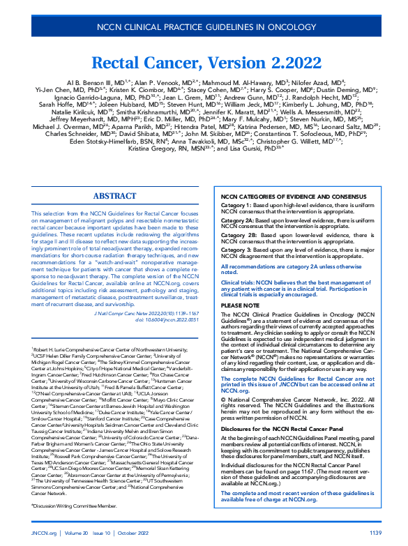 (PDF) Rectal Cancer, Version 2.2022, NCCN Clinical Practice Guidelines ...