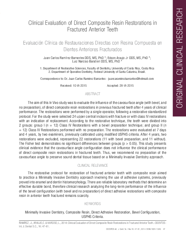 Pdf Clinical Evaluation Of Direct Composite Resin Restorations In Fractured Anterior Teeth