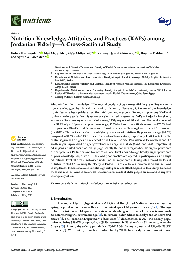 (PDF) Nutrition Knowledge, Attitudes, and Practices (KAPs) among Jordanian Elderly—A Cross ...
