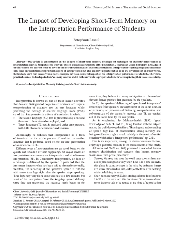 (PDF) The Impact of Developing Short-Term Memory on the Interpretation Performance of Students