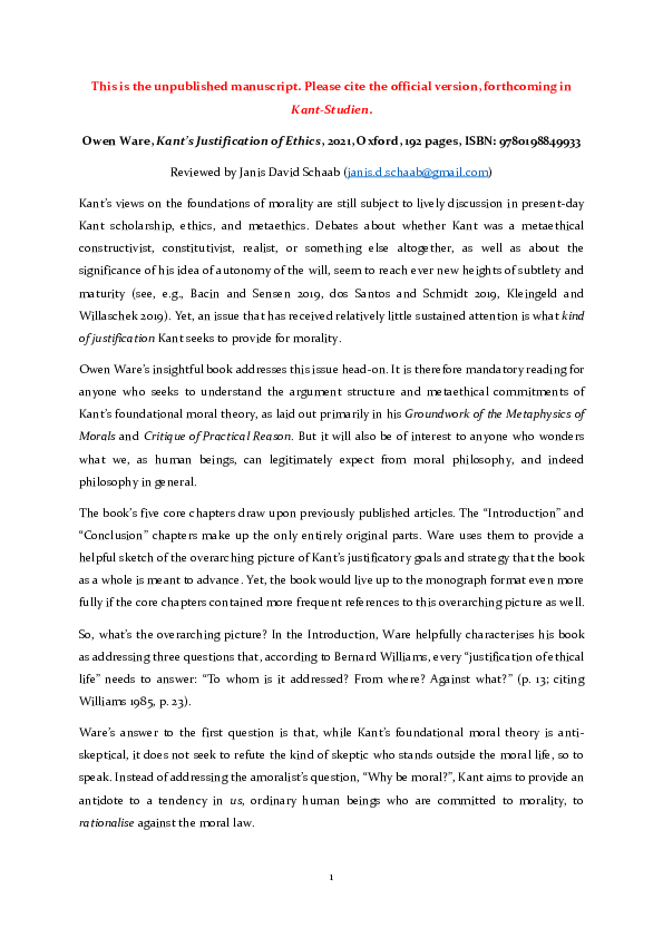 (PDF) Review of Owen Ware, Kant's Justification of Ethics (OUP 2021)