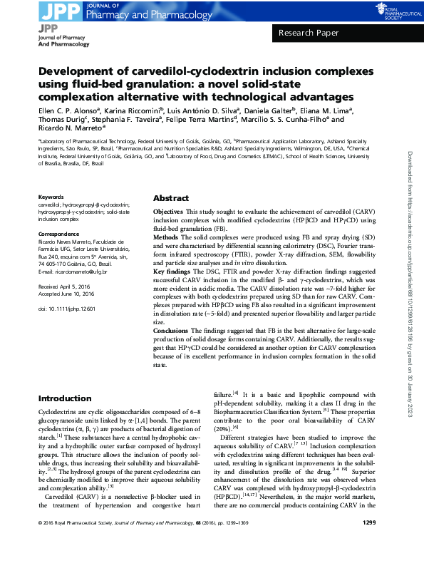 (PDF) Development of carvedilol-cyclodextrin inclusion complexes using fluid-bed granulation: a ...