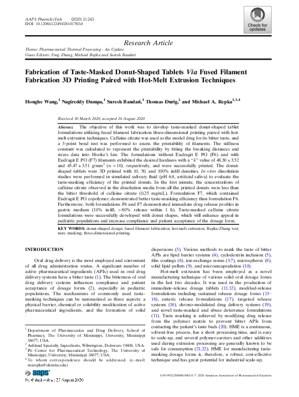 (PDF) Fabrication of Taste-Masked Donut-Shaped Tablets Via Fused Filament Fabrication 3D ...