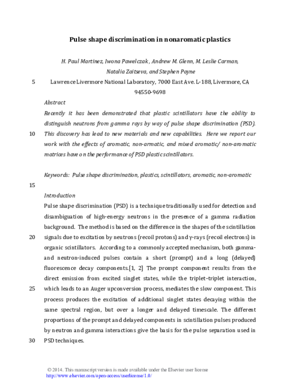 (PDF) Pulse shape discrimination in non-aromatic plastics | Stephen Payne - Academia.edu