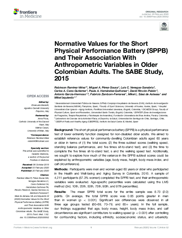 (PDF) Normative Values for the Short Physical Performance Battery (SPPB ...