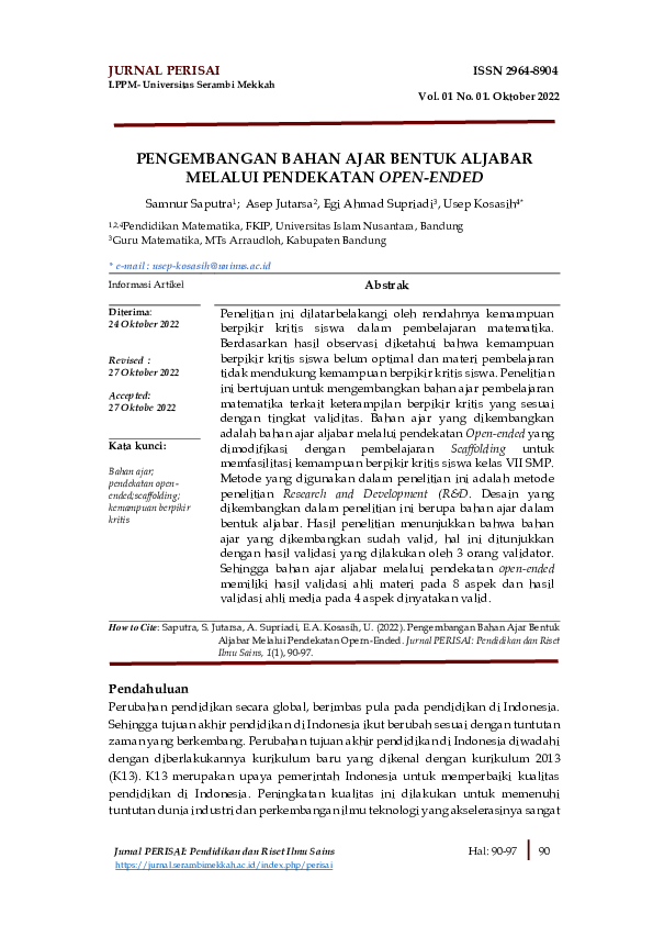 (PDF) Pengembangan Bahan Ajar Bentuk Aljabar Melalui Pendekatan Open-Ended