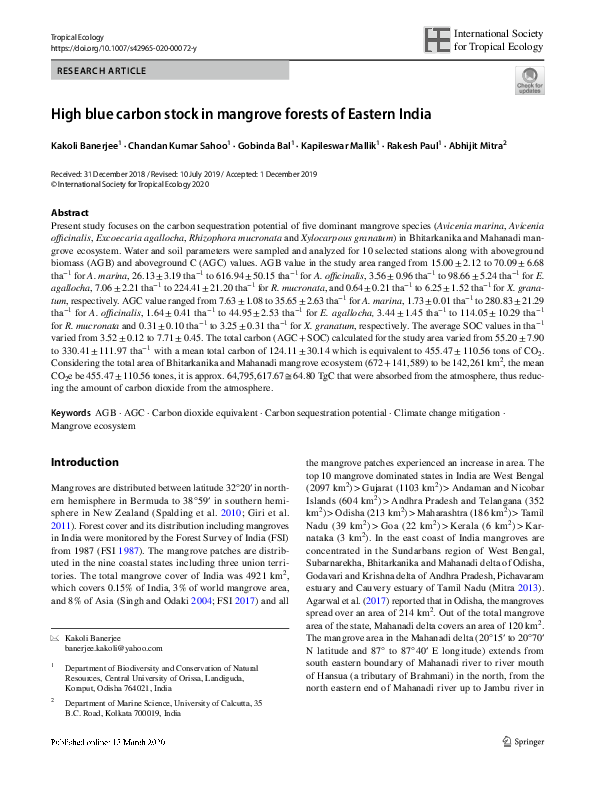 (PDF) High blue carbon stock in mangrove forests of Eastern India