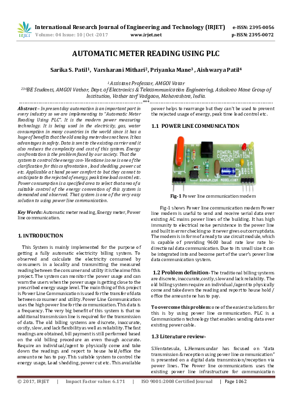 (PDF) Automatic Meter Reading Using PLC