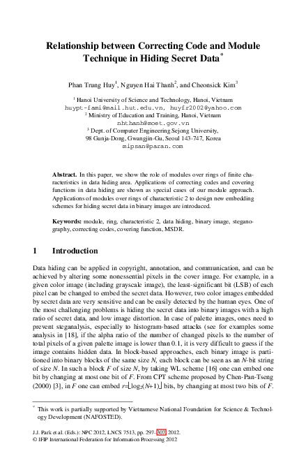 (PDF) Relationship between Correcting Code and Module Technique in Hiding Secret Data | Phan Huy ...