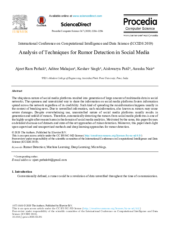 Pdf Analysis Of Techniques For Rumor Detection In Social Media
