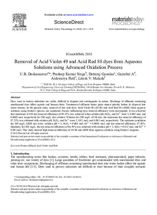 (PDF) Removal of Acid Violet 49 and Acid Red 88 dyes from Aqueous Solutions using Advanced ...