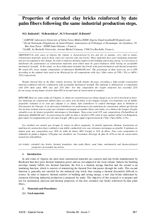 (PDF) Properties of extruded clay bricks reinforced by date palm fibers ...