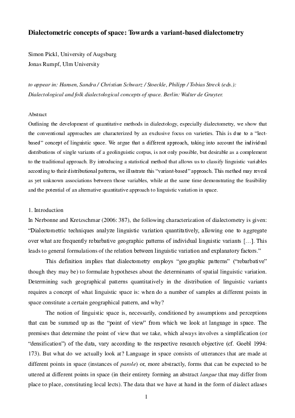 (PDF) Dialectometric concepts of space: Towards a variant-based dialectometry