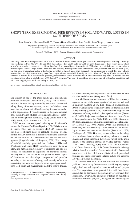 (PDF) Short‐term Experimental Fire Effects in Soil and Water Losses in ...