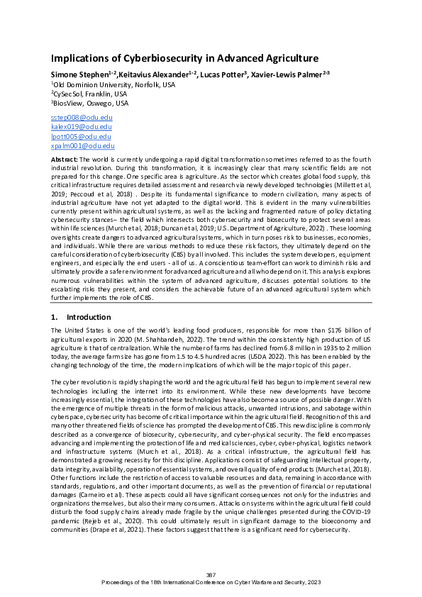 (PDF) Implications of Cyberbiosecurity in Advanced Agriculture