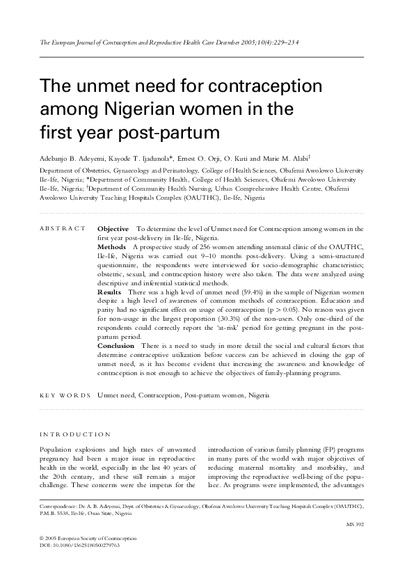 (PDF) The unmet need for contraception among Nigerian women in the ...