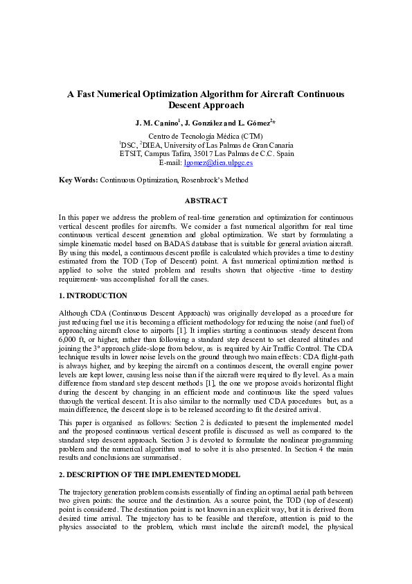 Pdf A Fast Numerical Optimization Algorithm For Aircraft Continuous Descent Approach