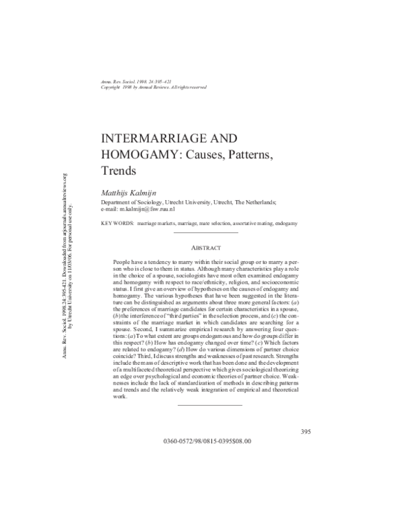 (PDF) Intermarriage and Homogamy: Causes, Patterns, Trends