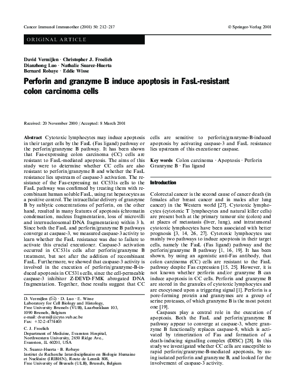 (PDF) Perforin and granzyme B induce apoptosis in FasL-resistant colon ...
