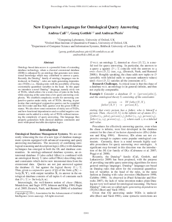 (PDF) New Expressive Languages for Ontological Query Answering
