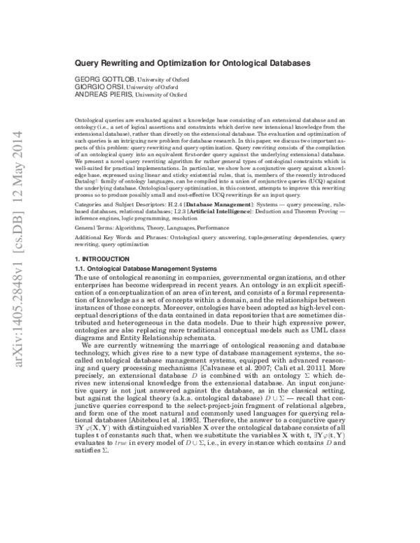 (PDF) Query Rewriting and Optimization for Ontological Databases | Georg Gottlob - Academia.edu