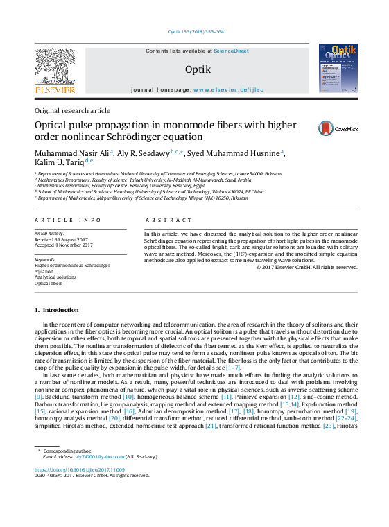 (PDF) Optical pulse propagation in monomode fibers with higher order nonlinear Schrödinger equation